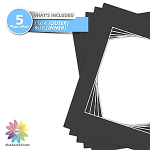 MBC Mat Board Center, Pack of 5, 11x14 for 8x10 Black Photo Picture Mat - Acid Free, 4-ply Thickness, White Core - for Pictures, Photos, Framing