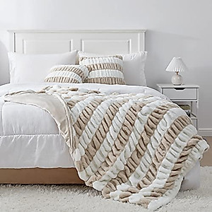 Cozy Bliss Luxury Soft Fuzzy Faux Fur Throw Blanket for Couch, Warm Milky Plush Striped Blanket for Sofa, Furry Thick Fluffy Cozy Shaggy Blanket for Women Living Room Bedroom, 50 * 70 Inches Beige