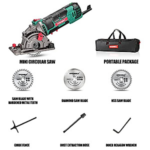 Mini Circular Saw, HYCHIKA Compact Circular Saw Tile Saw with 3 Saw Blades 4A Pure Copper Motor, 3-3/8”4500RPM Ideal for Wood, Soft Metal, Tile and Plastic Cuts, Laser Guide, Scale Ruler