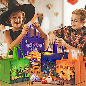 AhfuLife 6 Pcs Halloween Trick or Treat Bags, Halloween Candy Tote Bags with Handles, Reusable Halloween Non-Woven Gift Bags for Halloween Party Supplies Favors (7.8×7.8×5.9’’)