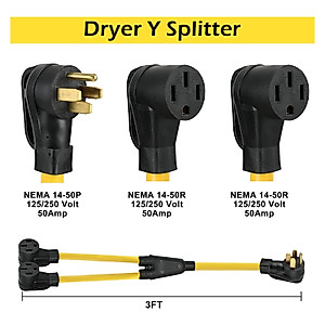 50 Amp Y Splitter Adapter, NEMA 14-50P to 2 Outlet 14-50R Y Splitter for RV and EV, 3 Feet 120V/240V 4 Prong 6AWG/3C + 8AWG/1C for Male Plug Female Receptacle Outdoor Power Cord