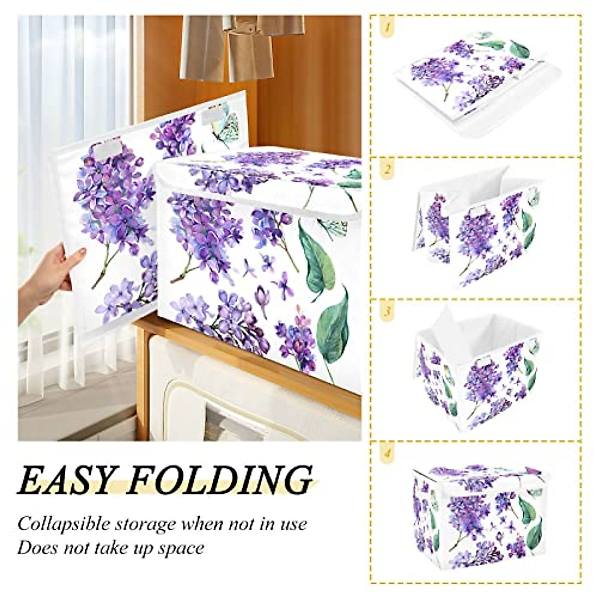 innewgogo Purple Flower Butterfly Storage Bins with Lids for Organizing Baskets Cube with Cover with Handles Oxford Cloth Storage Cube Box for Dog Toys