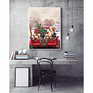 Christmas 5D Diamond Painting Kits for Adults Beginners,Winter Dogs Truck Round Full Drill Diamond Art,DIY Paint by Diamonds Dots Art Kits, Home Wall Decor 12x16 Inch