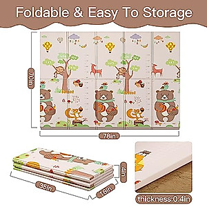 GZZ Foldable Baby Play Mat,Reversible, Waterproof, Anti-Slip Floor Playing Mats for Infants, Babies, Toddlers Indoor/Outdoor (Cute Bear Tall Foot+Animal Music Festival, 79"*71"*0.4")