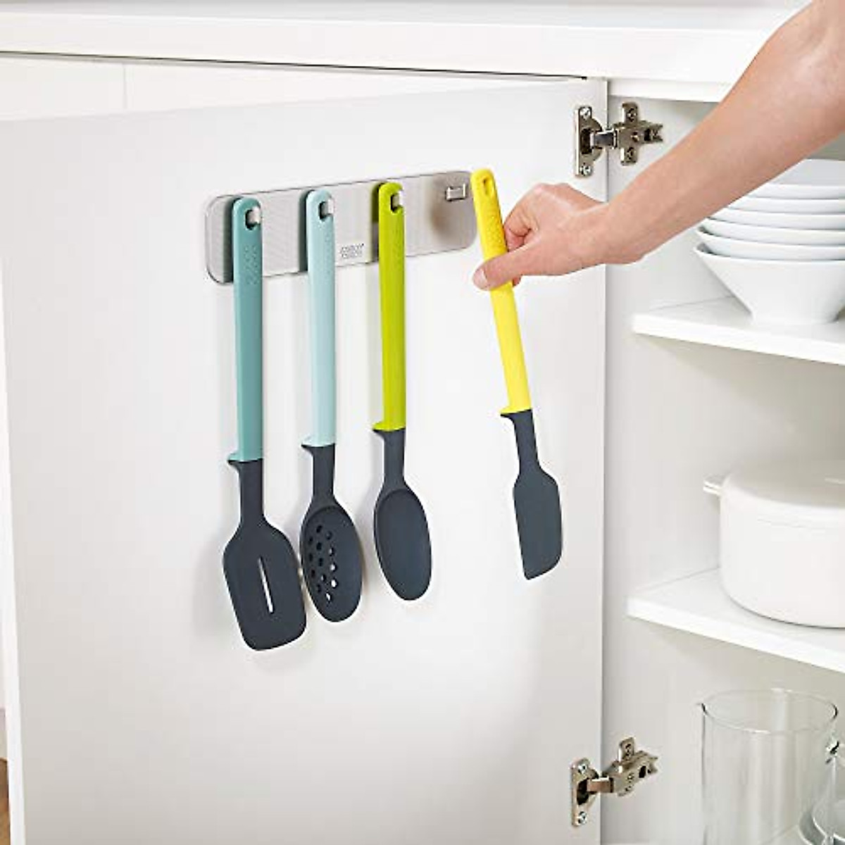 Joseph Joseph DoorStore Elevate Silicone Kitchen Utensil Set with Hanging Rack 3M Adhesive Wall and Cabinet Door Mount, 4-piece, Opal