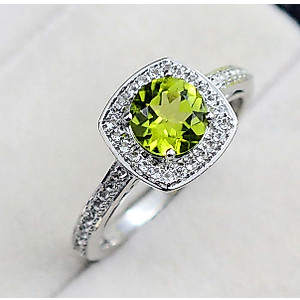 Natural Yellow Peridot 7 MM Round Cut August Birthstone Gemstone 925 Sterling Silver Solitaire Unisex Proposal Ring For Wedding Gift (Rhodium Plated Silver, 6.5)