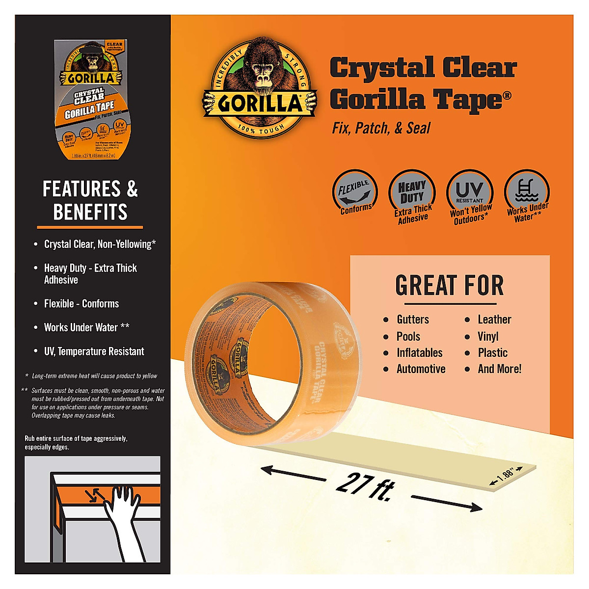 Gorilla Crystal Clear Repair Duct Tape, 1.88” x 9 yd, Clear, (Pack of 12)