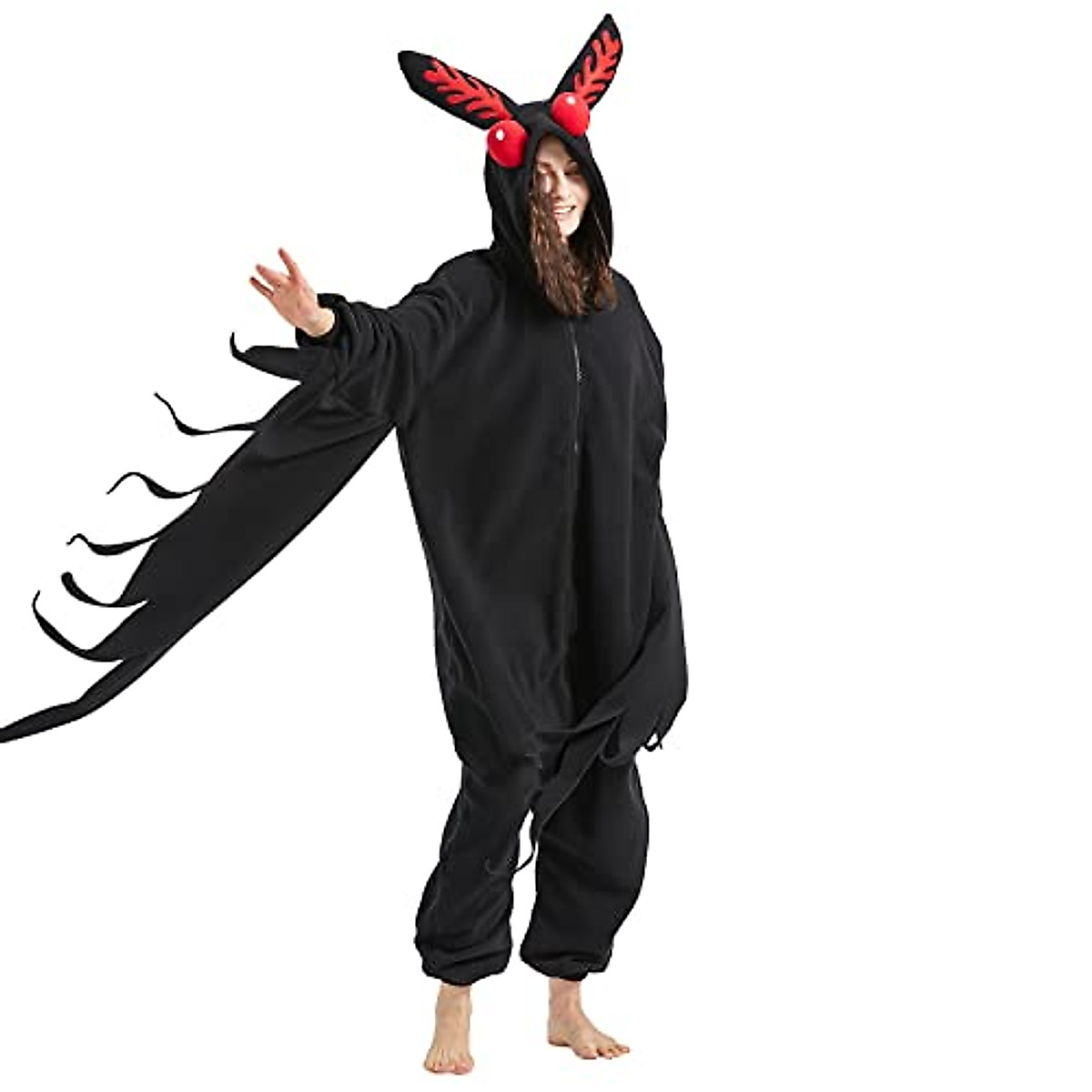 WAWRTOU Mothman Costume Halloween Onesie Adult Cosplay Onesies Pajamas Christmas Sleepwear for Women Men (antenna can Stand)