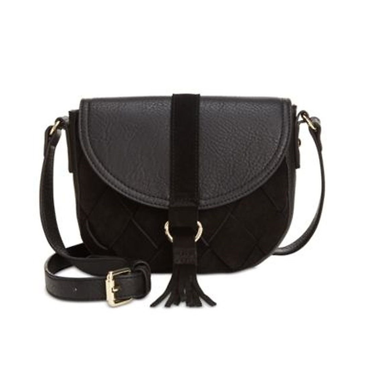 INC Womens Ella Leather Trim Tassel Saddle Handbag Black Small