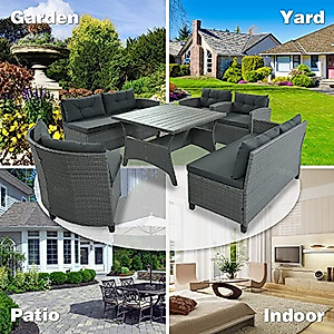 DHPM 6 Pieces Patio PE Wicker Furniture Set Outdoor Brown Rattan Sectional Conversation Sofa Chair with Storage Table and Beige Cushions, for Garden, Yard, Deck, Black
