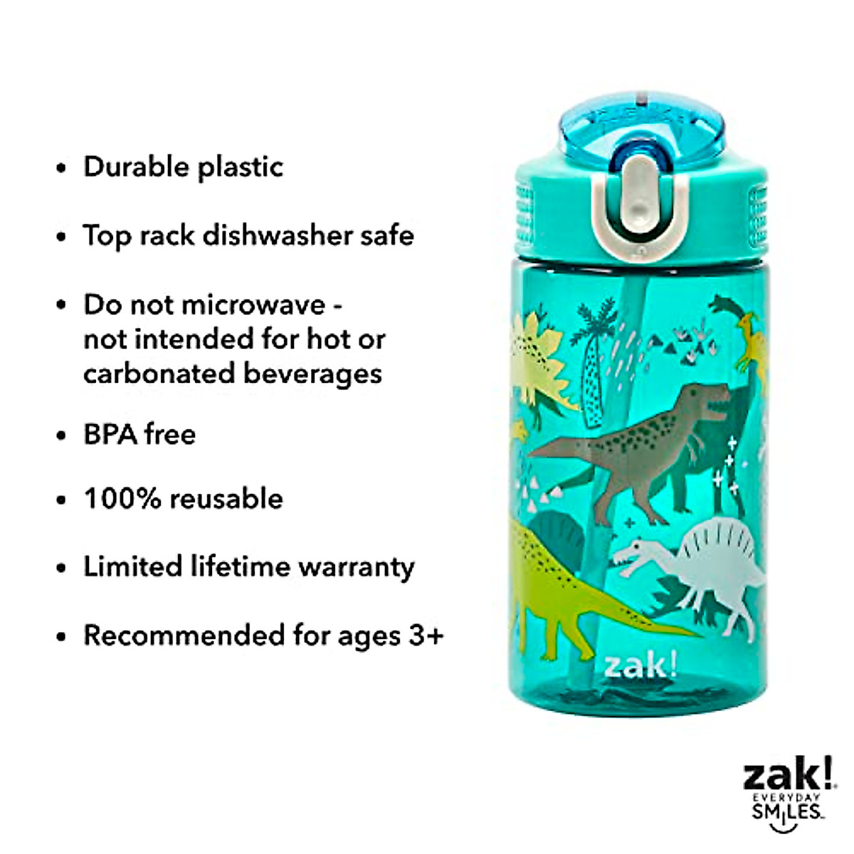 Zak Designs Kids Water Bottle For School or Travel, 16oz Durable Plastic Water Bottle With Straw, Handle, and Leak-Proof, Pop-Up Spout Cover (Dinosaur)