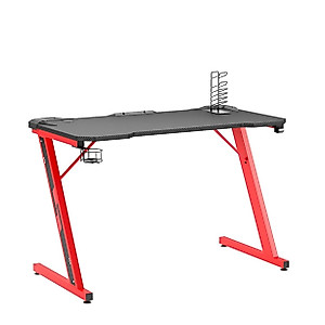 Homall Gaming Desk Computer Desk Gaming Table Z Shaped Pc Gaming Workstation Home Office Desk with Carbon Fiber Surface Cup Holder and Headphone Hook (Red, 44 Inch)