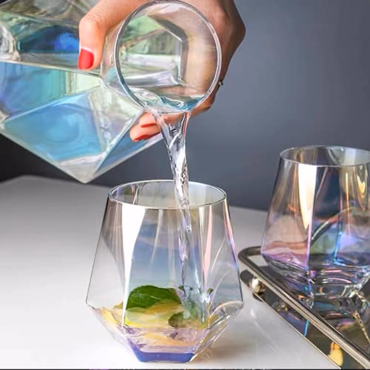 Wine Decanter Set with Glasses,Iridescent Diamond Wine Decanter with 6 Piece Stemless Wine Glasses,Geometric Carafe Decanter with Cork Ball Stopper for Wine Lover,Parties,Whiskey,Scotch, Bourbon