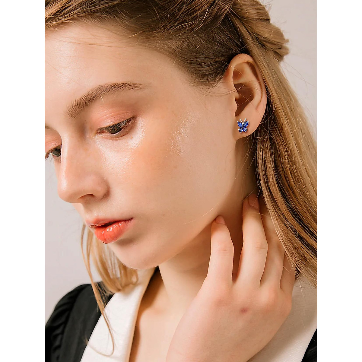 Women Sterling Silver Animal Stud Created Gemstone Sapphire Blue Butterfly Stud Earrings