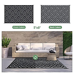 GENIMO Outdoor Rug for Patio Clearance,5'x8' Waterproof Mat,Reversible Plastic Camping Rugs,Rv,Porch,Deck,Camper,Balcony,Backyard,Black & Gray