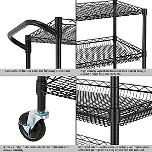 Finnhomy 3 Tier Heavy Duty Commercial Grade Utility Cart, Wire Rolling Cart with Handle Bar, Steel Service Cart with Wheels, Kitchen Cart on Wheels, Food Storage Trolley, NSF Listed, Black