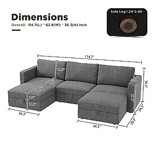 HONBAY Modular Sectional Sofa with Storage, U Shaped Convertable Sectional Couch with Wide Chaise, Deep Seat Modular Sectional Sofa with Ottoman, Dark Grey