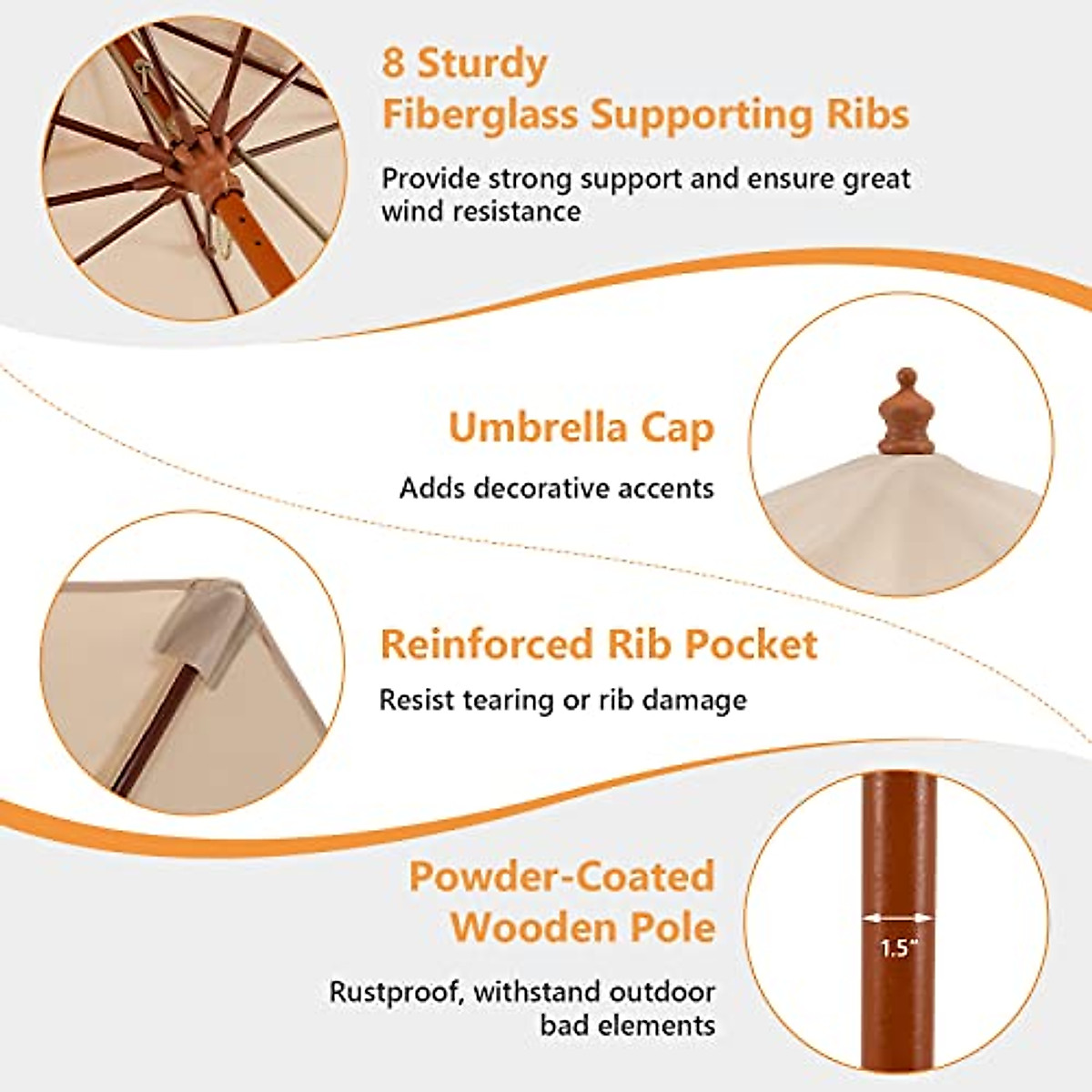 TANGKULA 9.5 FT Pulley Lift Round Patio Umbrella, Wooden Market Umbrella W/Rope Pulley Mechanism, 8 Fiberglass Ribs, Portable Table Parasol, Outdoor Sun Umbrella for Garden, Yard, Deck, Pool (Beige)