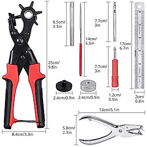 CAMWAY Leather Hole Punch,6Size Revolving Punch Plier Kit Leather Punches Belt Hole Puncher + 240 Set Leather Rivets Double Cap Rivet Hole Puncher for Crafting,Dog Collars,Shoes,Fabric,Paper DIY