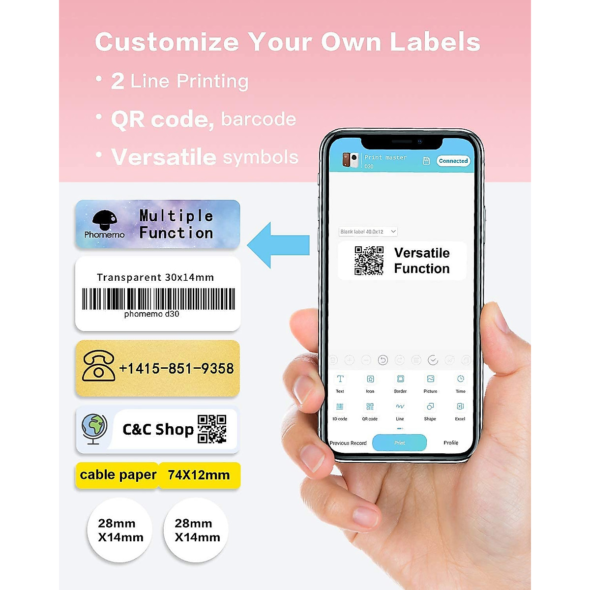 Phomemo Label Maker D30 Portable (Pink)-with 5 Adhesive Label Thermal Paper Portable Mini Bluetooth Thermal Label Printer Labeler Easy to Use,Gift- (USB Rechargeable)