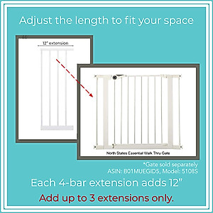 Toddleroo by North States 4 Bar Extension for Essential Walk Thru Baby Gate: Adjust your gate to fit your space, Add up to three extensions, No tools required, (Adds 12" width, White)