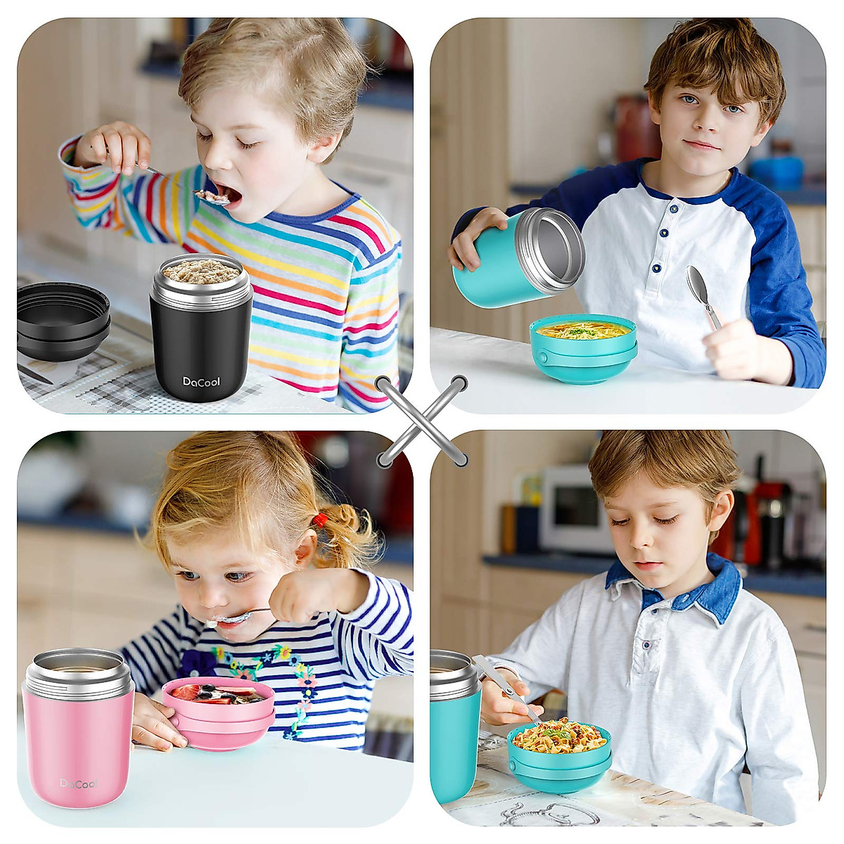 DaCool Kids Thermos with Handle Spoon for Hot Cold Food 16 OZ Insulated Food Jar Food Thermos for Lunch Soup Leakproof Vacuum Stainless Steel Keep Food Warm Thermal Container for School Travel, Black