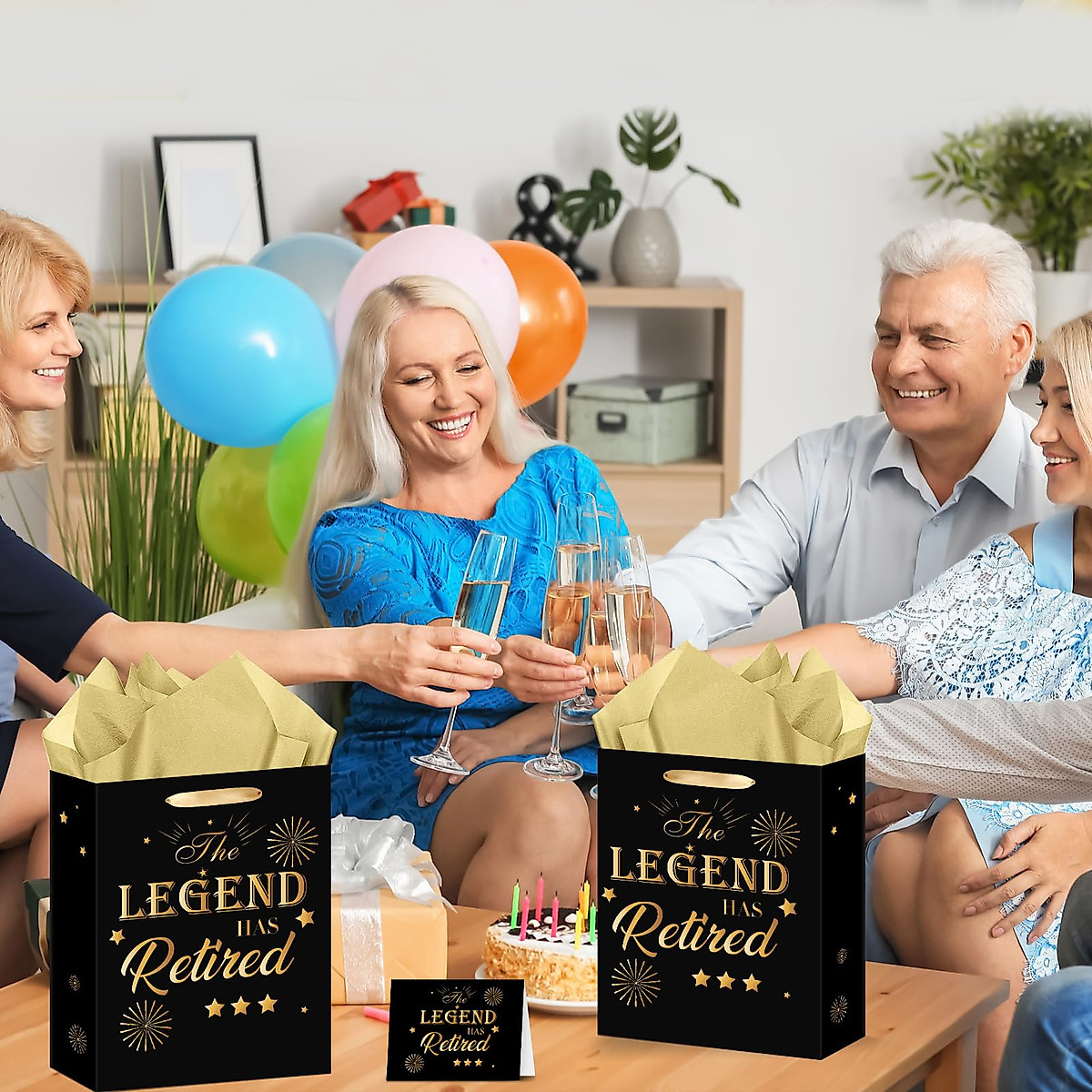 Retirement Gift Bag with Tissue Paper and Greeting Card for Men Women Black Gold Retirement Gift Wrapping Paper Bag for Office Coworker Christmas Xmas Farewell Going Away Party Favors Gift Wrap Bags