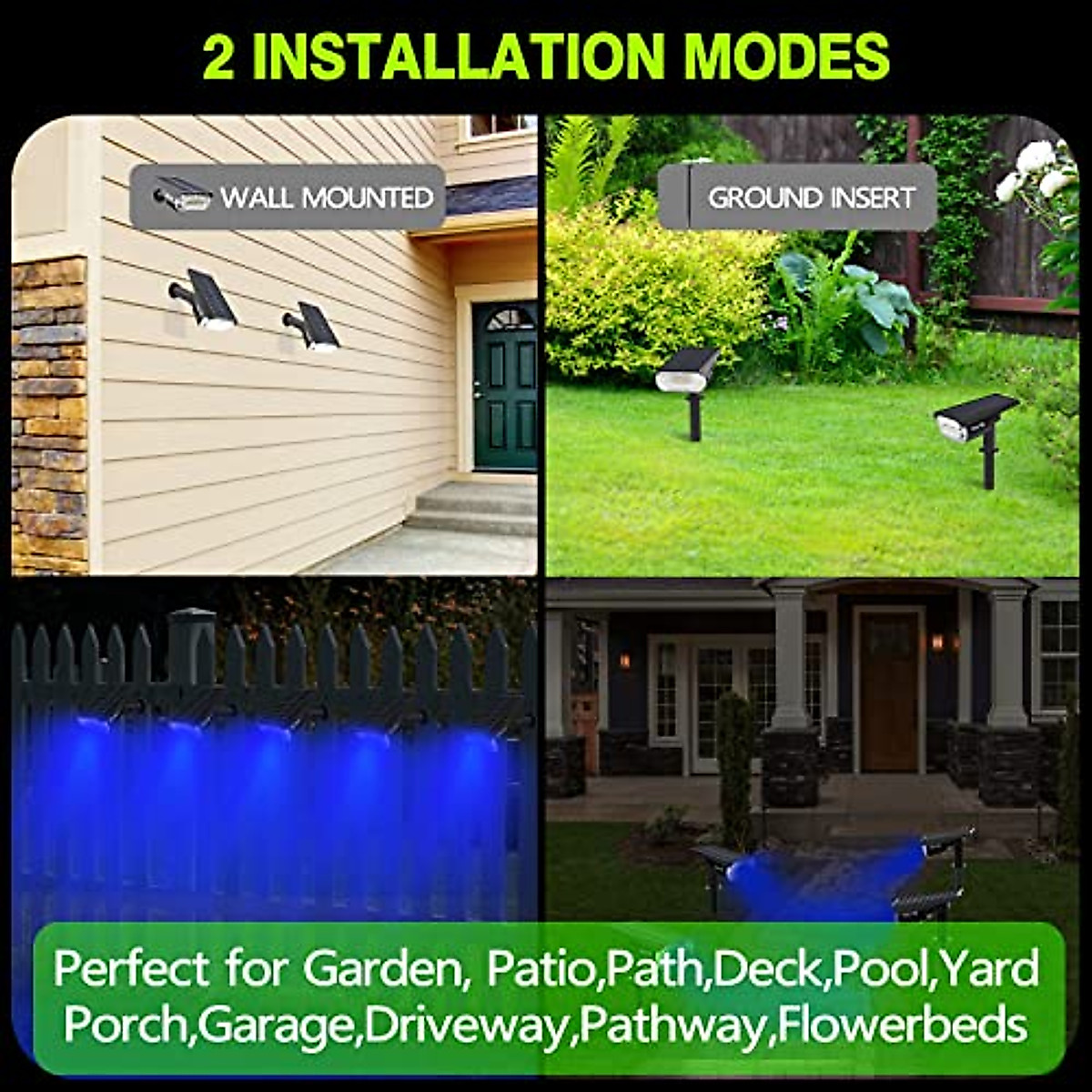 AOUNQ Solar Spot Lights Outdoor Landscape Lighting Blue, [64 LEDs/1000 Lumens/3 Modes] 2-in-1 Solar Outdoor Lights, IP67 Solar Spotlights Outdoor Waterproof Pathway Garden Lights for Yard Tree, 2 Pack