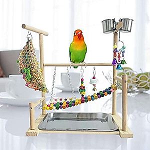 kathson Parrot Playstand Bird Playground Conures Play Stand Wood Perch Gym Playpen Ladder Parakeets Cage Accessories Exercise Toys with Swings Feeder Cups for Cockatoos Lovebirds