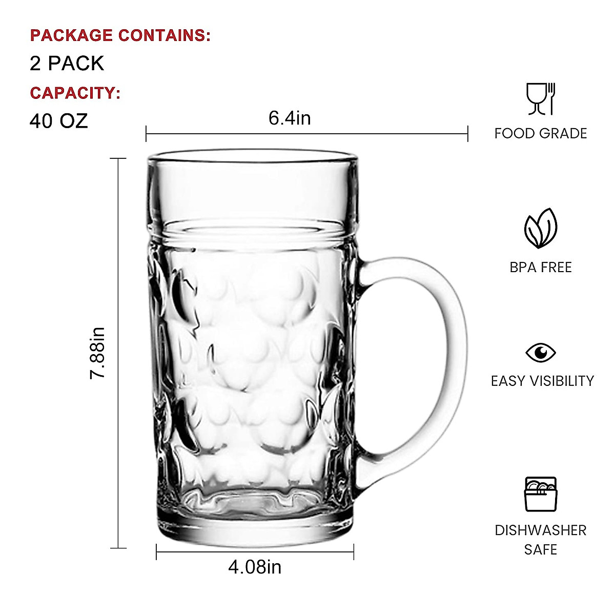 Glass Beer Stein Mugs Jumbo Mugs,German Glass Beer Mugs With Handle 1.2Liter,Big Freezable Glass Mugs 40oz,Extra Large German Beer Glasses,Beer Stein Super Mug Mass Mugs BPA Free,Dishwasher Safe 2Pack