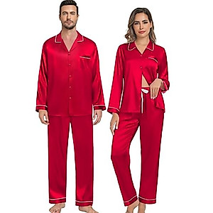 SWOMOG Couple Silk Satin Pajamas Set 2Pcs Matching Famliy Sleepwear Button Down Loungewear Men & Women Pjs with Pants Red