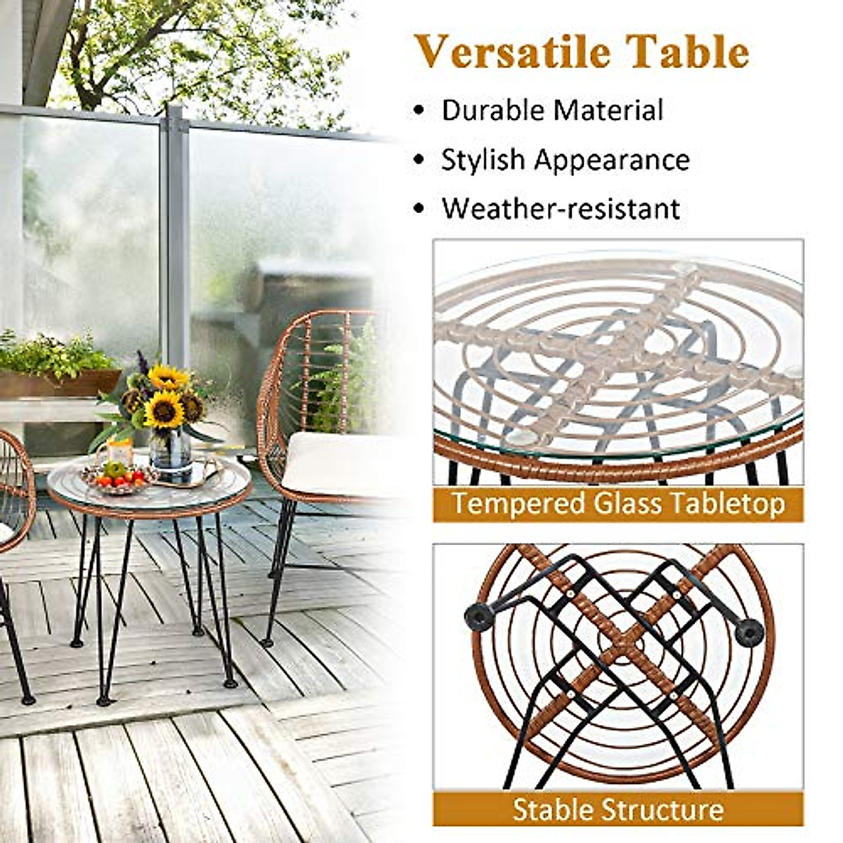 Tangkula 3 Pieces Patio Conversation Bistro Set, Outdoor Wicker Furniture w/Round Tempered Glass Top Table & 2 Rattan Armchairs, Bistro Chat Set w/Seat Cushions for Porch, Backyard, Garden (White)