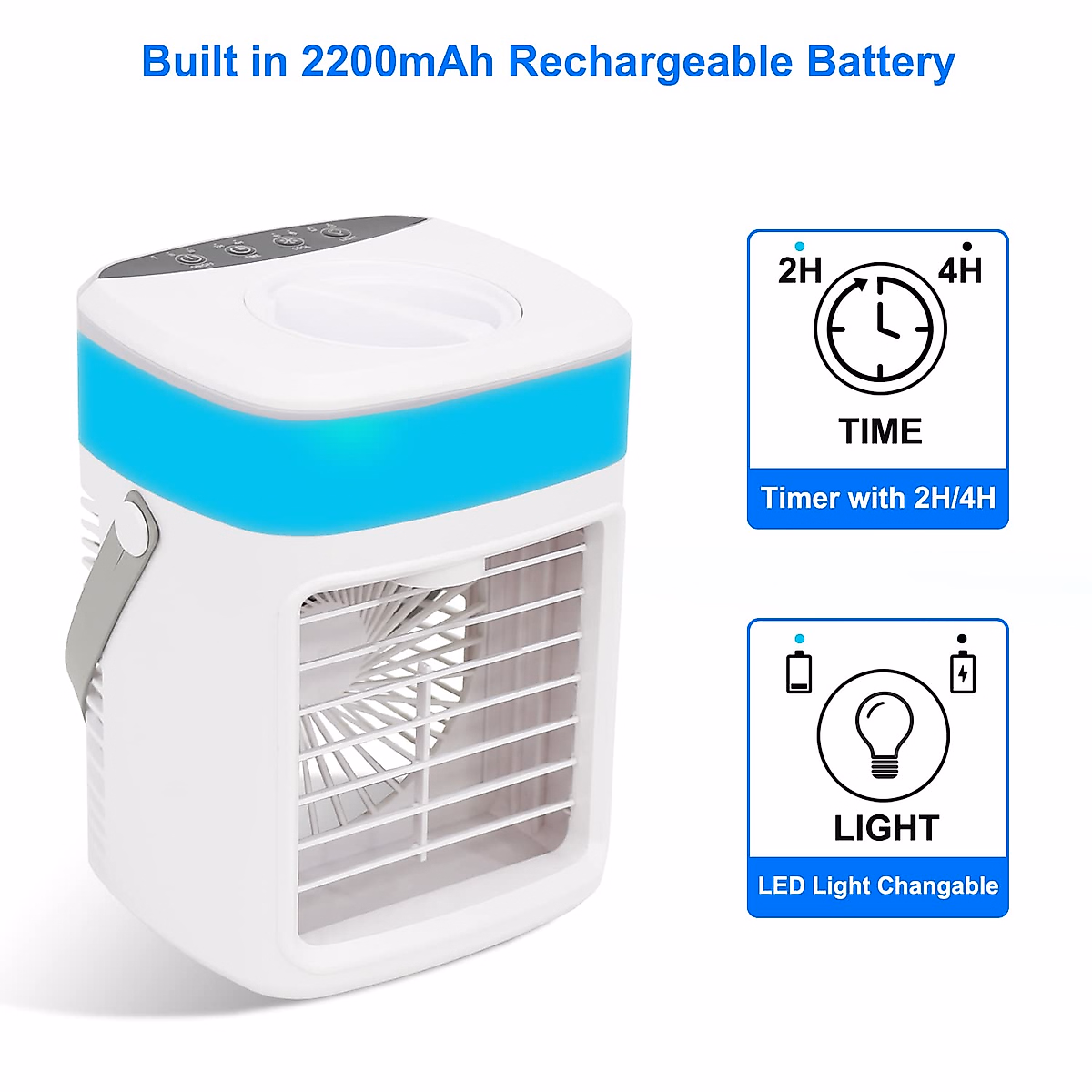 Houselyla Portable Air Conditioner Fan, Cooling Desk Fan Humidifier with 3-speed, Rechargeable Protable Fan 7 Colors and Misting Fast Cooling Desktop Fan for Home, Room, Office