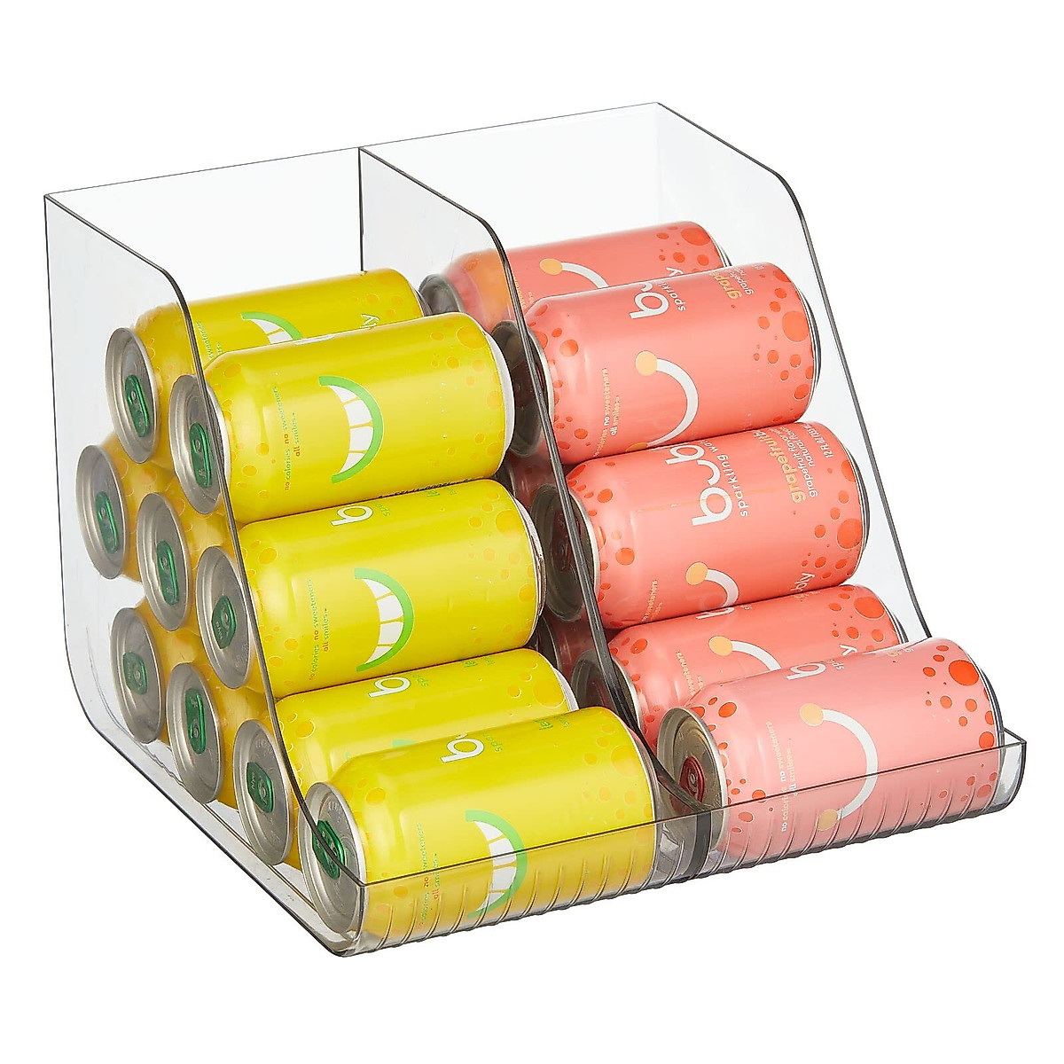 mDesign Plastic Divided Beverage Storage, Can Dispenser Holder for Kitchen, Refrigerator, Fridge, Pantry; Organizer for Soda, Pop, Drinks, Beer; Holds 24-26 Cans, Ligne Collection - Clear