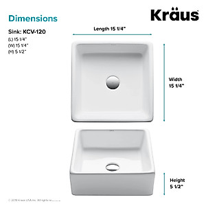 Kraus KCV-120 Square Ceramic Bathroom Sink, White, 15 Inch