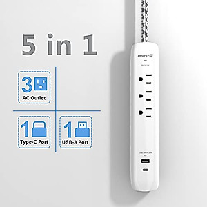 Oviitech USB C Power Strip, Power Strip with USB,3 Outlets and 2 USB Ports(1 USB C,1 USB A),with 6 Foot Heavy Duty Extension Power Cord,Straight Plug,for Home, Office, Travel and Dorm Room,White.