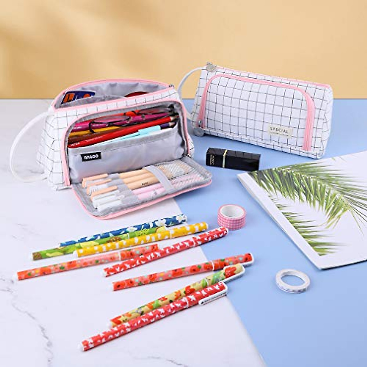 iSuperb Portable Pencil Case Large Capacity Cotton Linen Stationery Organizer Storage Zipper Compartments Pen Bag Pouch Makeup Bag