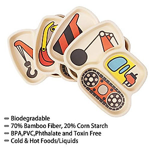 Kid Plate Set Bamboo Toddler Plates Dinnerware Dinner Dish Set Baby Feeding Spill Proof Divided Plate - Baby Spoon and fork 3-Piece Set for Kids and Toddlers Teaches Child Portion Control