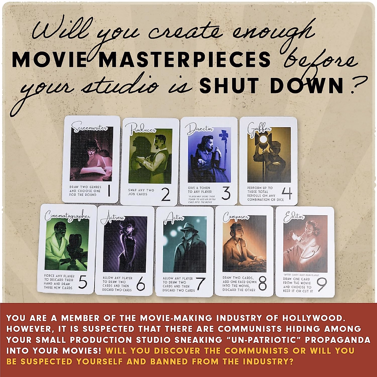 Hollywood 1947 Board Game, Movie Making Game for Friends and Family, Board Game of Cards, Strategy, and Deceit, for 1-9 Players, Ages 14+