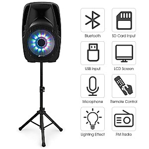 Sonart 15" 1500W Powered Speakers, 2-Way Full Range Portable PA Speaker System Combo Set With Stands/Illuminating Light/Microphone/EQ/USB/Bluetooth