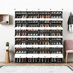 Aeitc 96 Pairs Shoe Rack Organizer Shoe Organizer Expandable Shoe Storage Cabinet Narrow Standing Stackable Space Saver Shoe Rack for Entryway, Closet with Hook and Side Shelf,White Door