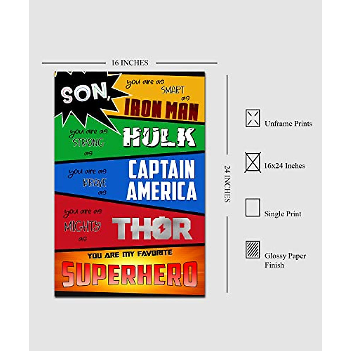 Son, You Are My Favorite Superhero - Artistic Typography Poster, Motivational Inspirational Quote Wall Art Print Great Decor for Kids Childs Bedroom Nursery Decor 16x24 Inch (Unframed)