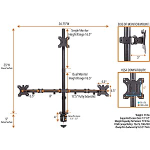 Stand Steady Triple Monitor Desk Stand with Clamp-On Base, for Home or Office Use, Height Adjustable Computer Monitor Stand with Full Articulation VESA Mounts, Fits Most LCD/LED Monitors 13-32 Inches