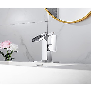 Chrome Bathroom Sink Faucet One Hole LED Waterfall Spout RGB 3 Colors Light Changing Lavatory Vanity Faucets Brass Single Handle Modern Washbasin Bath Tap Include Plates to Cover Holes Residential