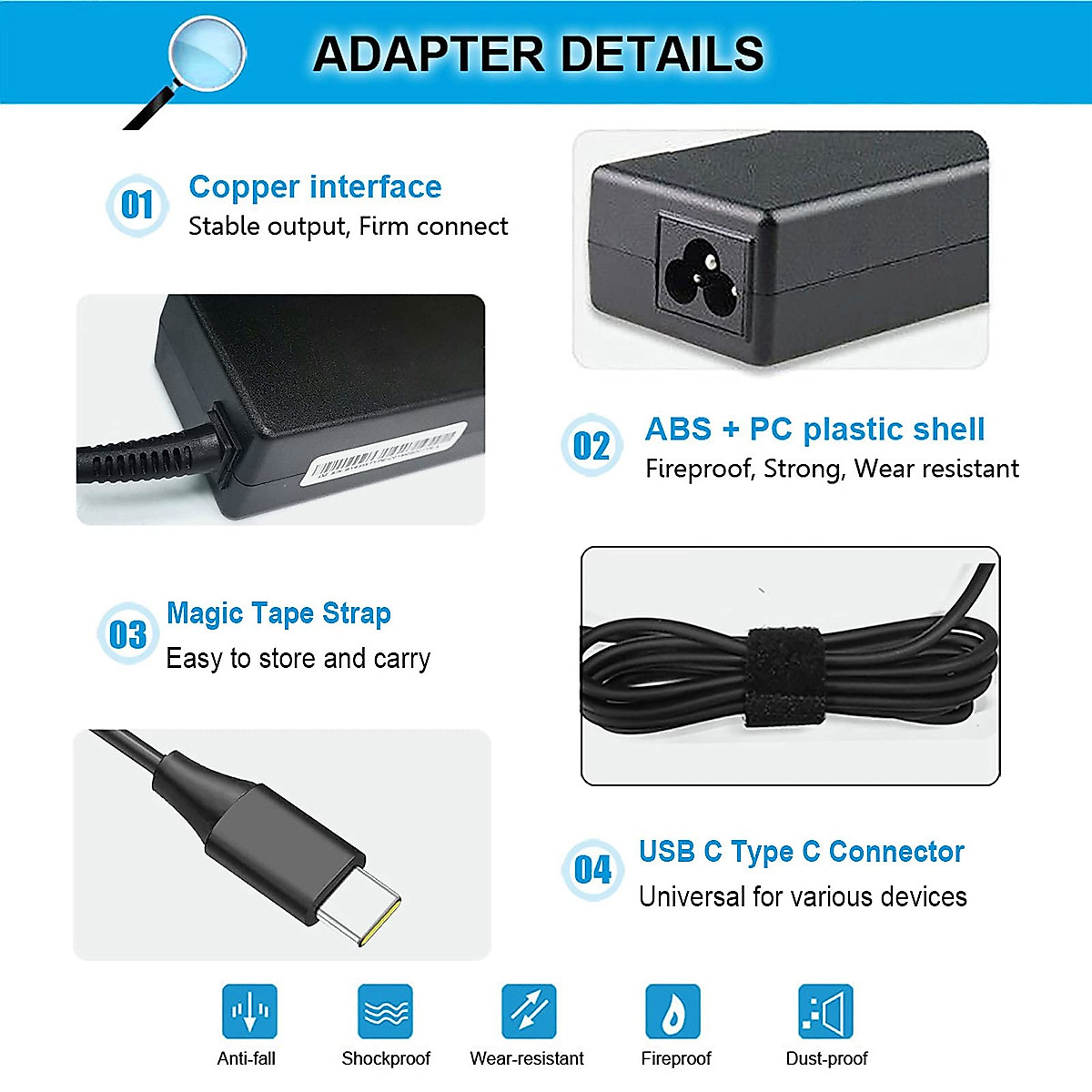 65W 45W USB-C Type C Charger Adapter for Dell XPS 13 9350 9360 9365 9370 9380 Latitude 7390 7275 7370 5175 5285 5290 2-in-1 Chromebook 3380 3100 LA45NM150 LA65NM170 2YKOF 04RYWW 0HDCY5 Power Supply