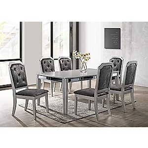 Liveasy Furniture Dining Table Set for 6, Kitchen & Dining Room Sets with Button Tufted Upholstered Chairs and Mirror Tile Edge (Silver/Grey)