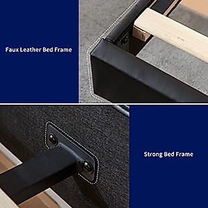 subrtex Twin Bed Frame with Headboard,Upholstered Faux Leather Mattress Foundation Platform with Solid Wood Slat Support,No Box Spring Needed,Noise-Free,and Easy Assembly Black