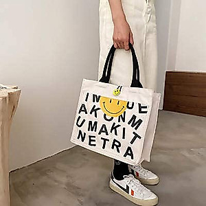 ROUGH & RAW, Tote Bag with Letter Smile Colorful Straps Shoulder Bag Canvas Single Shoulder Smile Face Bag Women`s Handbag Shopping Bags