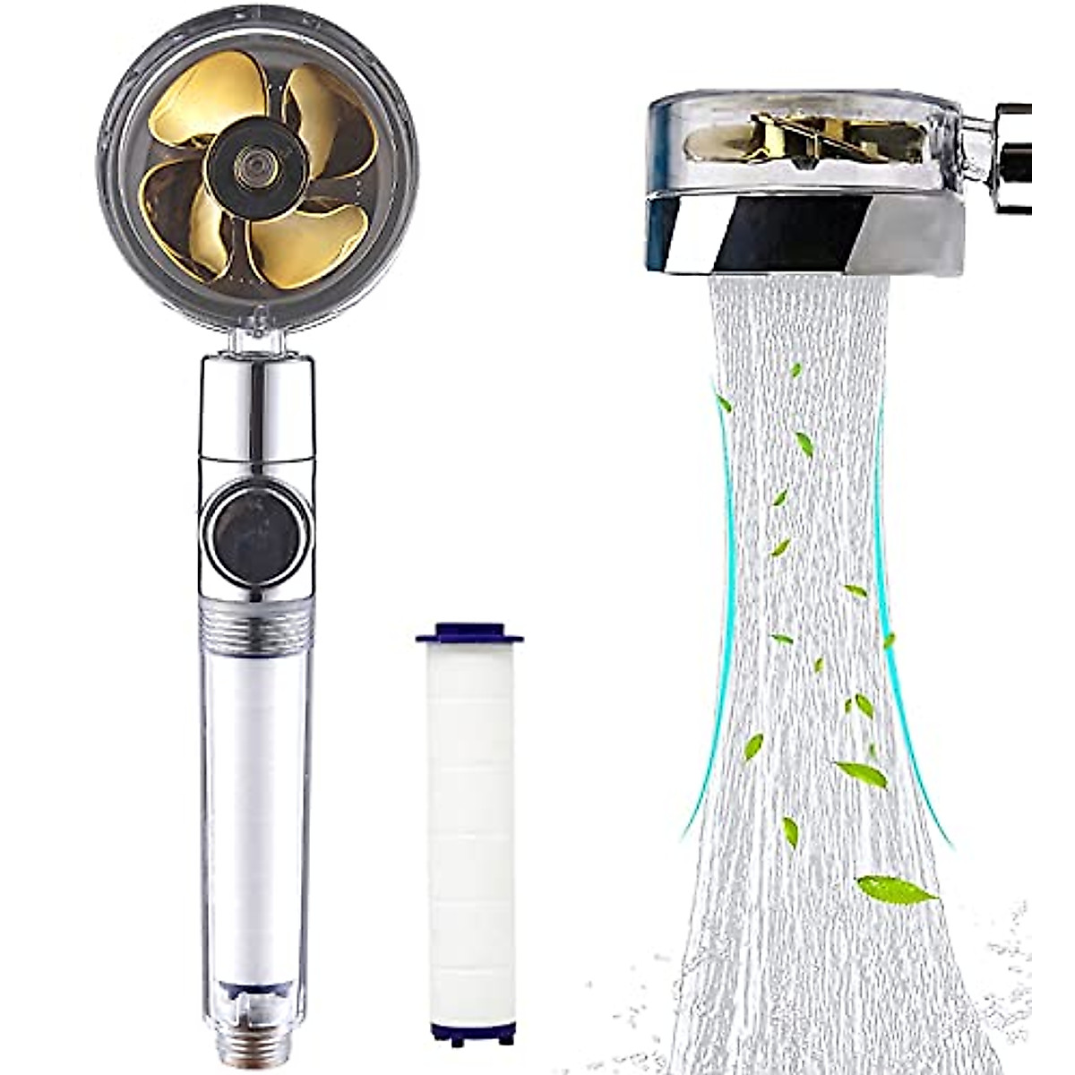 Hydro Jet Handheld Turbo Fan Shower Heads, High Pressure Shower Heads with Filter, 360 Degrees Rotating Turbocharged Shower Head (Gold)