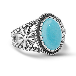American West Jewelry Sterling Silver Women's & Men's Ring Blue Turquoise Gemstone Native-Inspired Flower Design Size 9